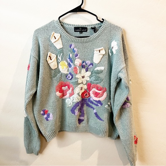 Vintage | Sweaters | Vintage Cottage Core Flower Embroidered Granny ...